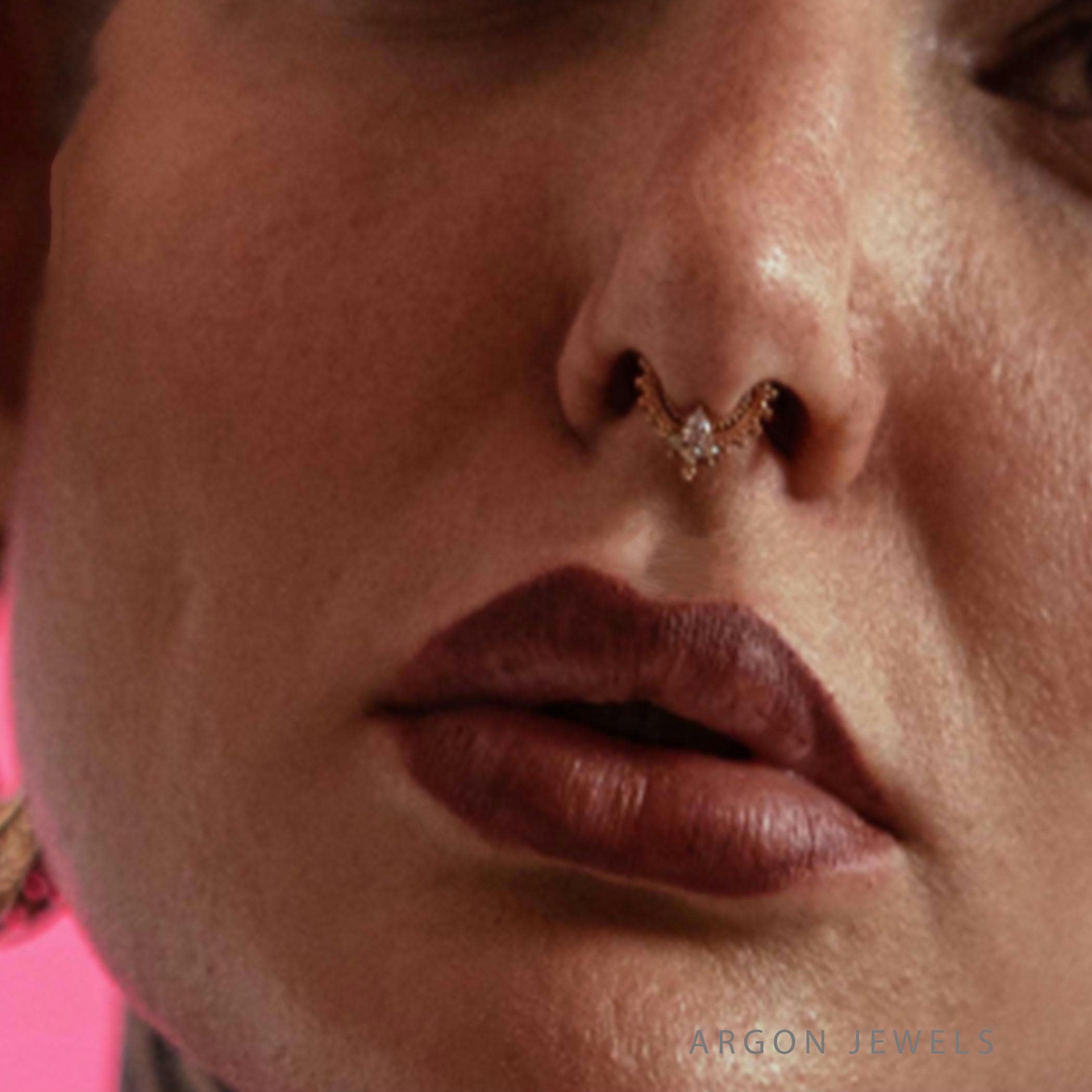 Eleanor 14ct Yellow Gold Segment Ring, Pear & Round Diamond Daith, Round Septum, Gold CZ Hinge ...