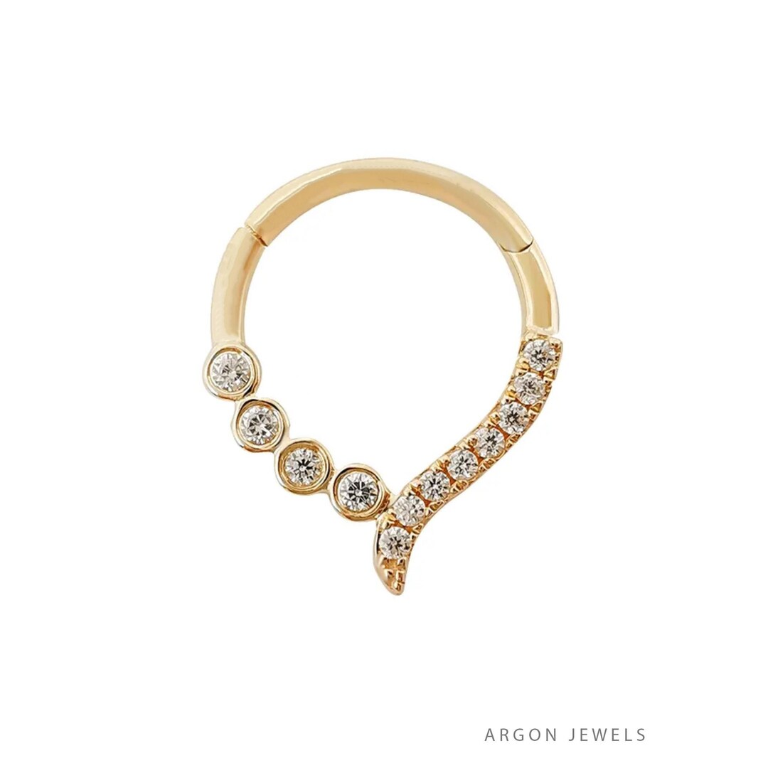 Riley 14K Solid Gold Septum Clicker, Lab Diamond 16G Nose Hoop Piercing ...