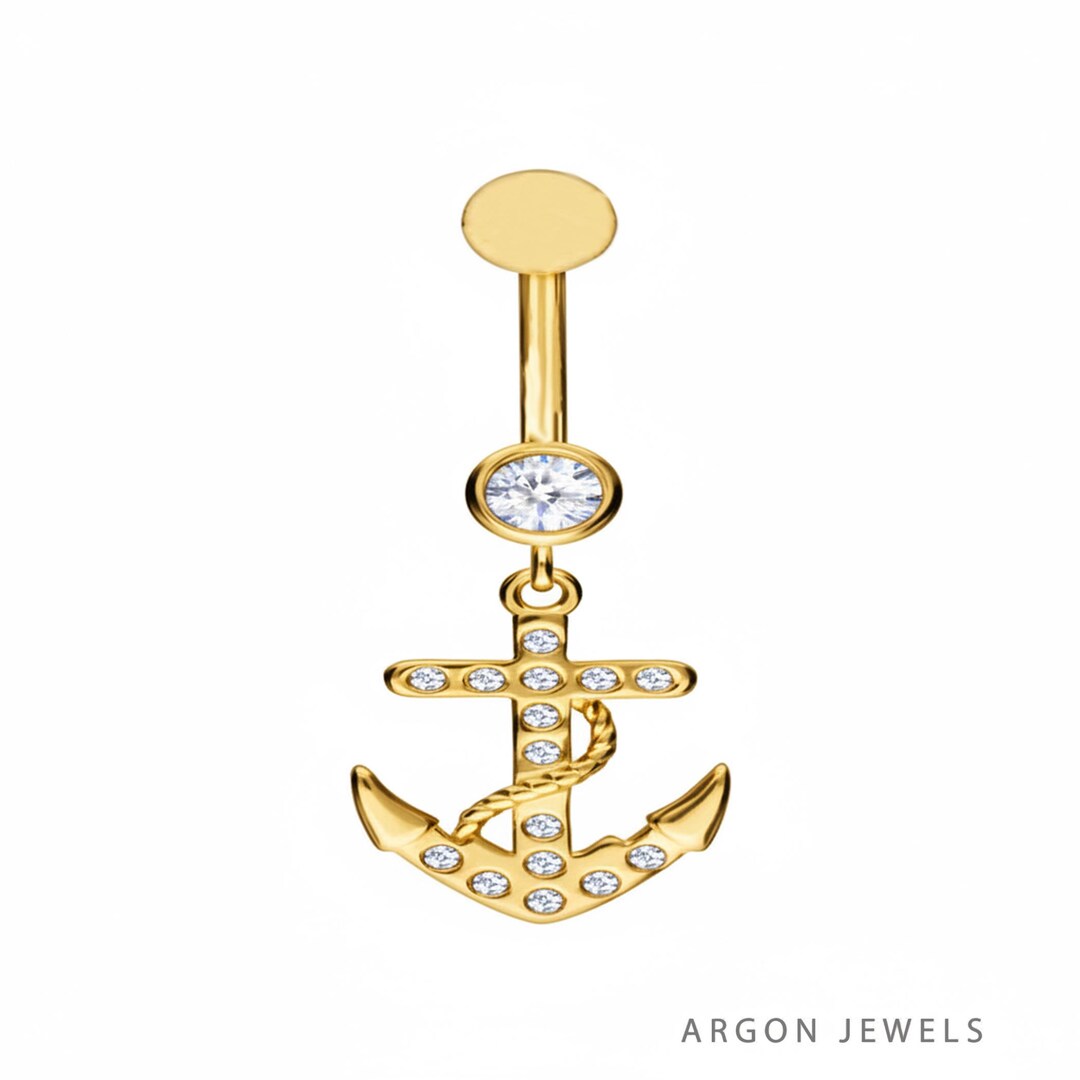 Gamta 14K Solid Gold Anchor Belly Ring, Diamond Nautical Navel Piercing ...