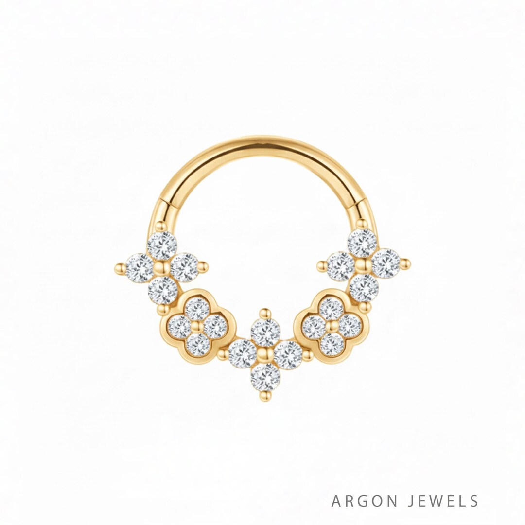 Loanna 14K Yellow Gold Diamond Floral Septum Ring Clicker, Luxury Nose ...