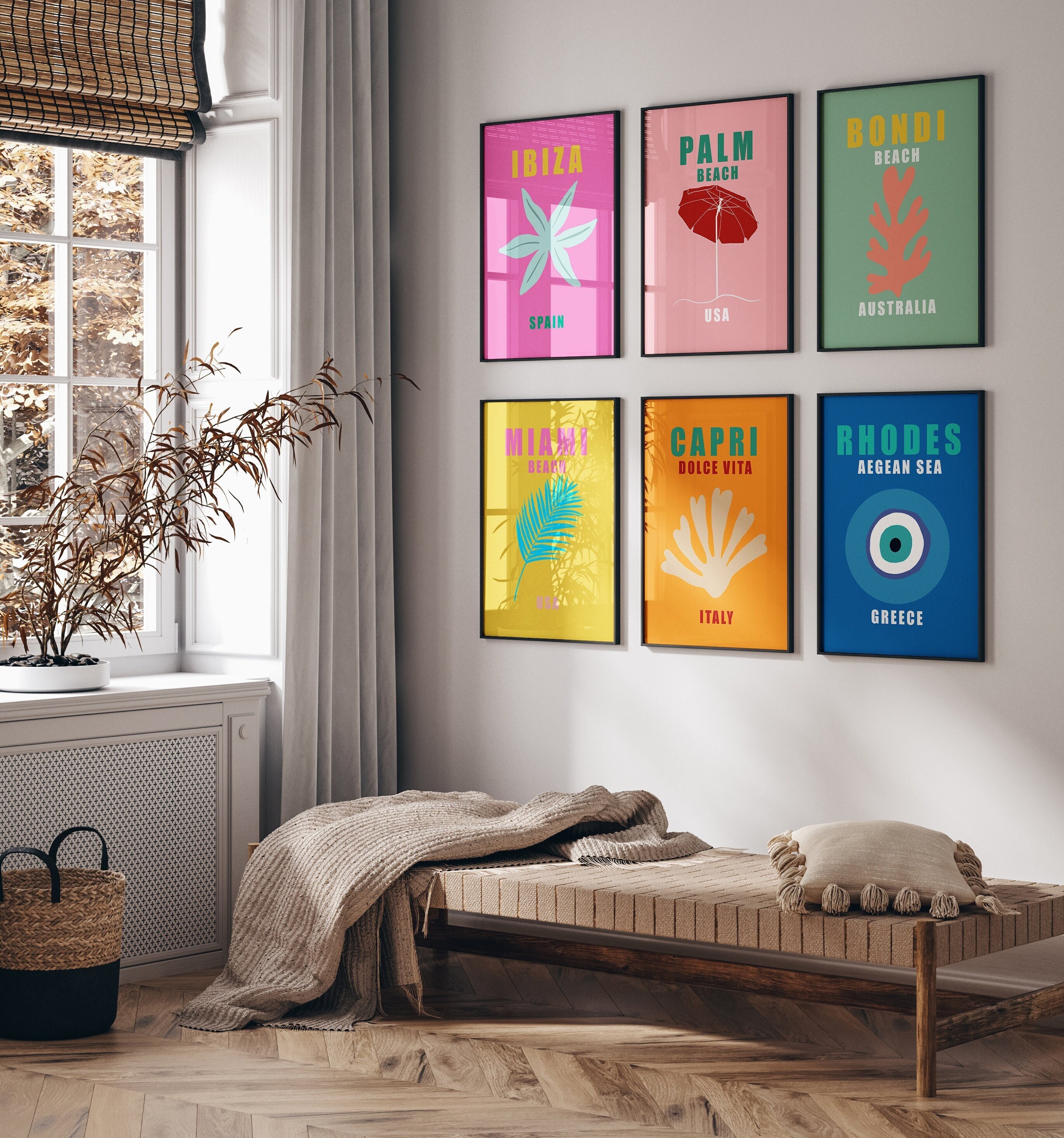 Set of 6 Colorful Travel Posters | Printable Bohemian Wall Art | Retro ...