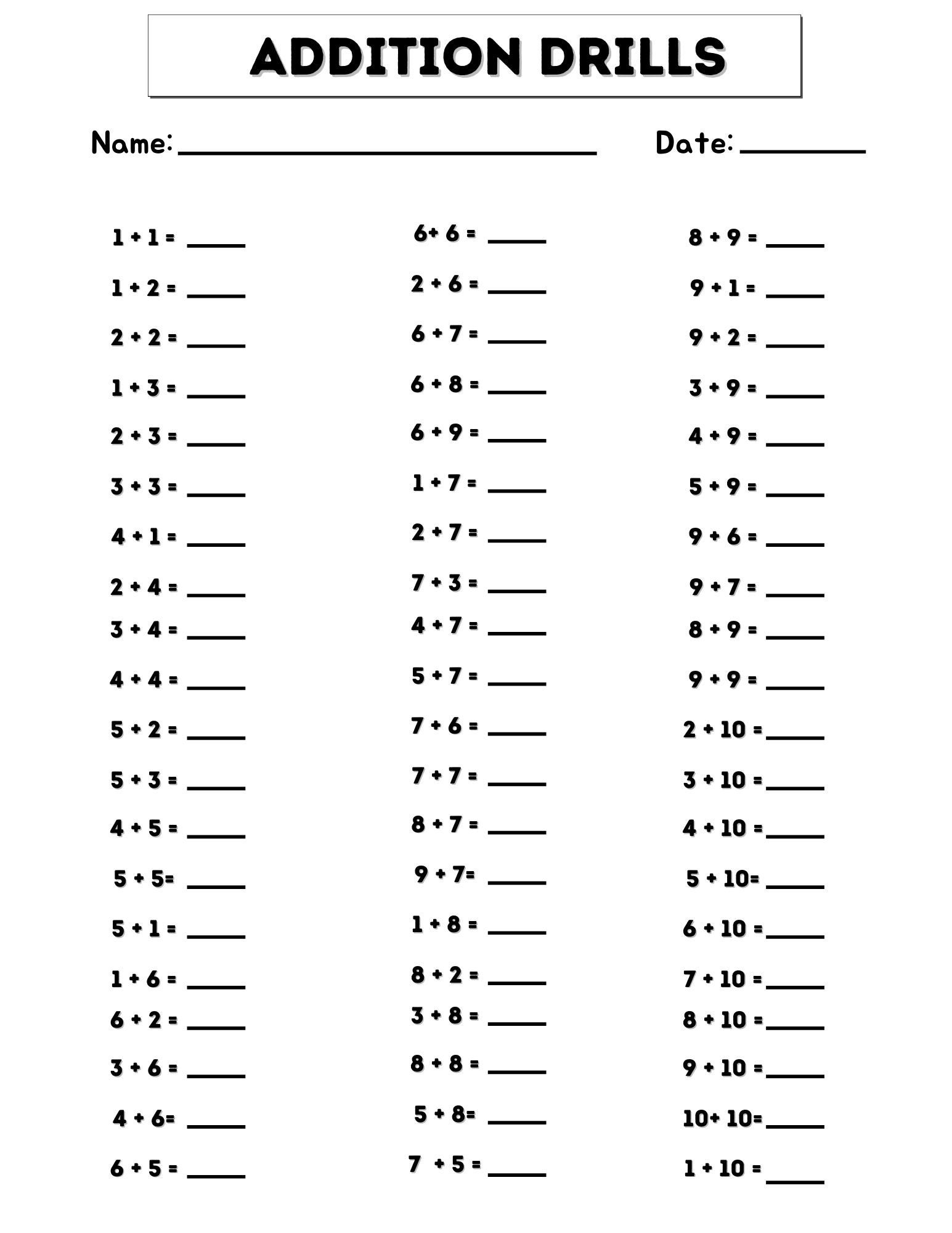 Addition Subtraction and Multiplication Drill Workshetts - Etsy Canada