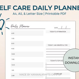 Self Care Planner - Hourly Daily Schedule - Printable Template ...