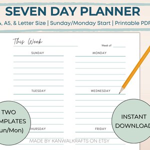 Weekly Planner Printable Template, 7 Day Planner, Daily Schedule, Week ...