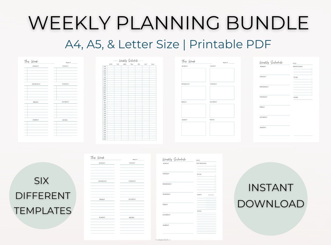 Weekly Planner Printable SIX TEMPLATE BUNDLE, Week at a Glance, Weekly ...