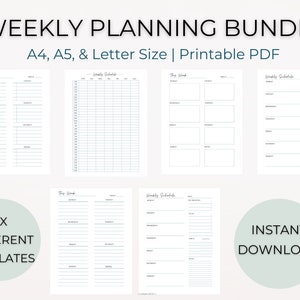 Weekly Planner Printable SIX TEMPLATE BUNDLE, Week at a Glance, Weekly ...