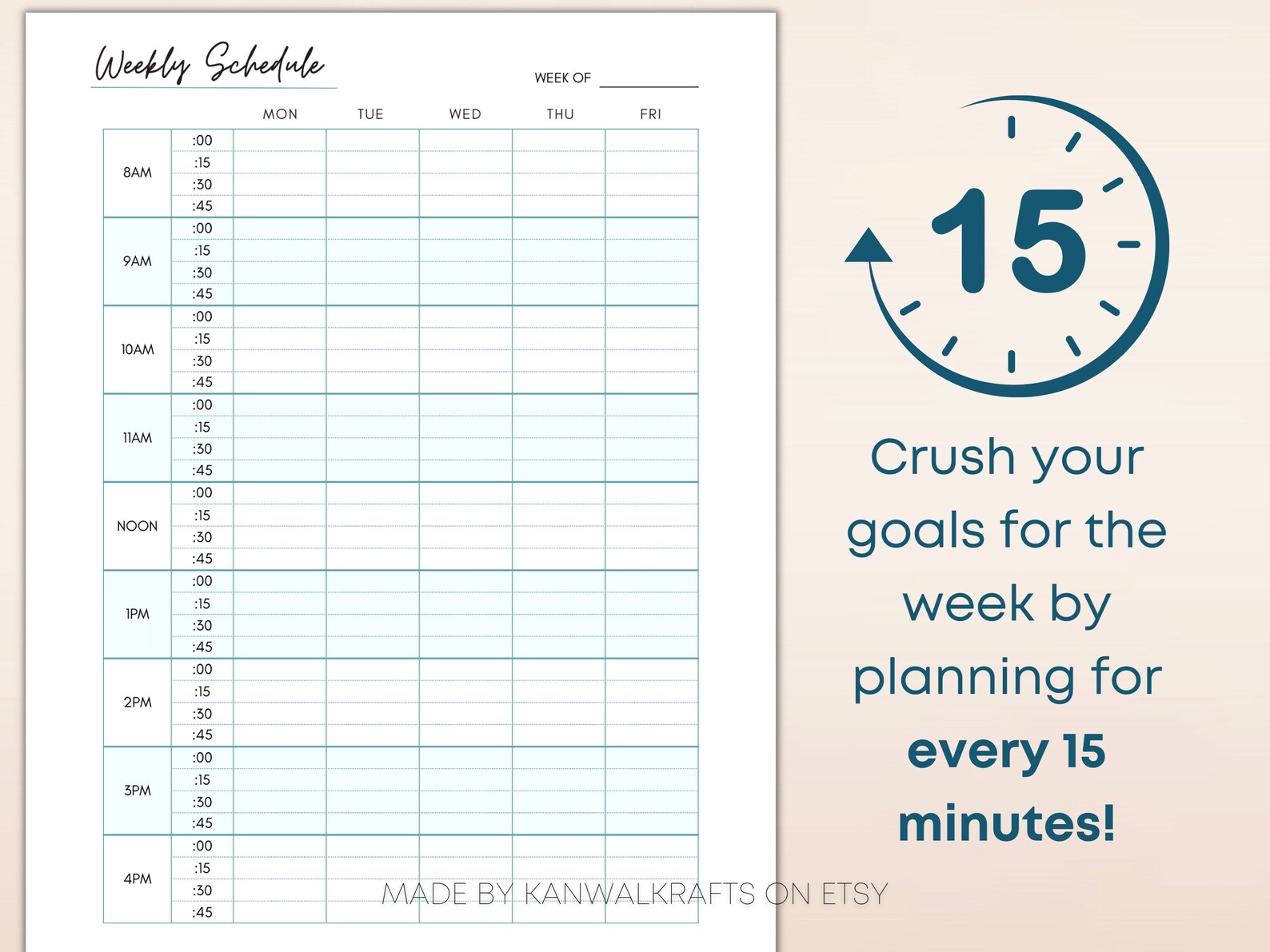 15 Minute Planner, Printable Weekday Schedule, Time Blocking, A4/a5 ...