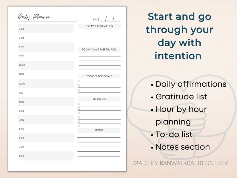 Self Care Planner Hourly Daily Schedule Printable Template Affirmations ...