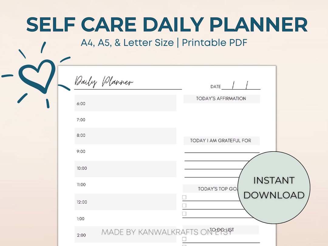 Self Care Planner - Hourly Daily Schedule - Printable Template ...