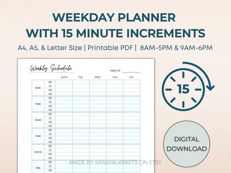 15 Minute Planner, Printable Weekday Schedule, Time Blocking, A4/a5 ...