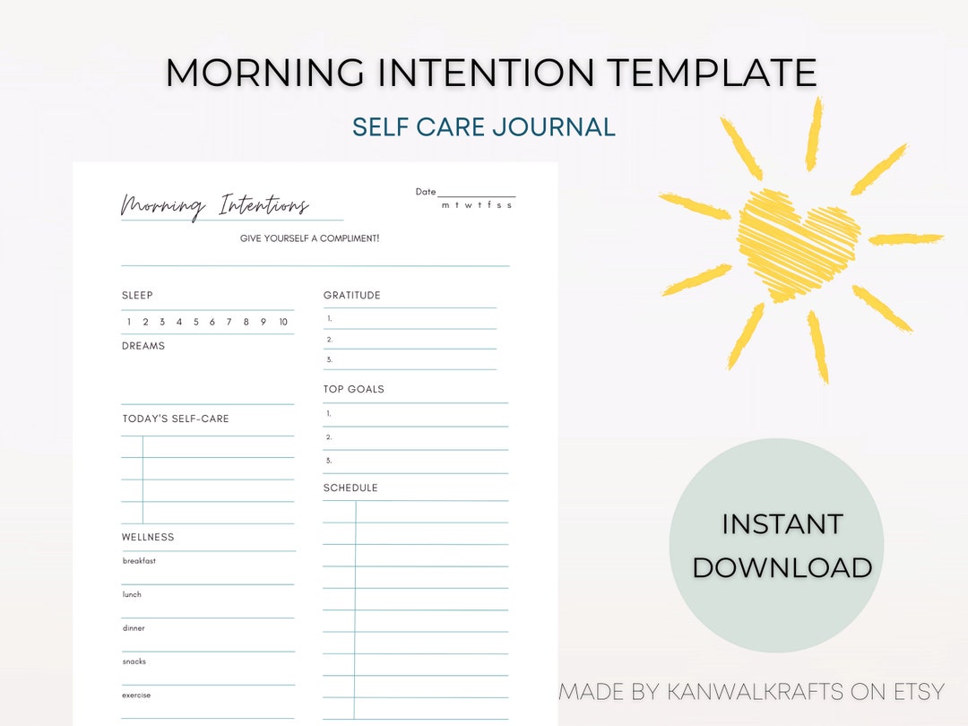 Self Care Planner, Morning Intention Journal - Printable, Gratitude ...