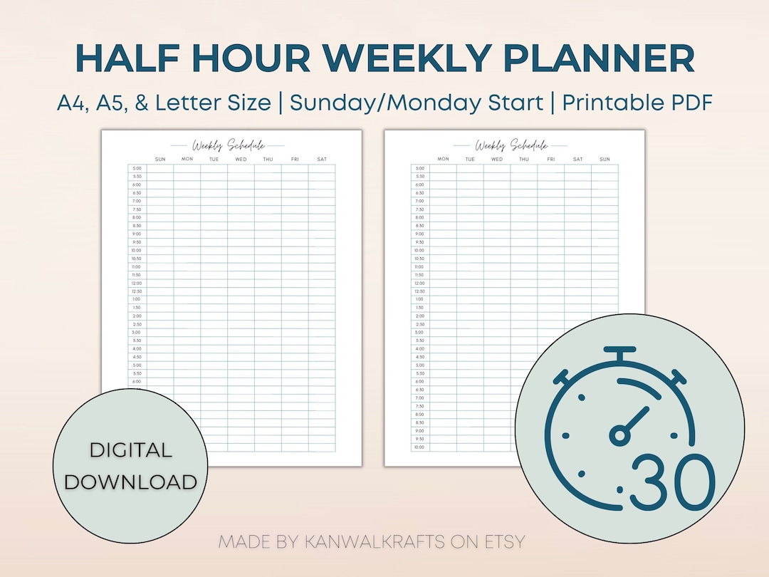 Half Hour Planner, Printable Weekly Schedule, Time Blocking, 30 Minute ...