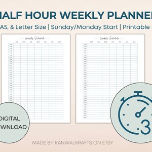 Half Hour Planner, Printable Weekly Schedule, Time Blocking, 30 Minute ...