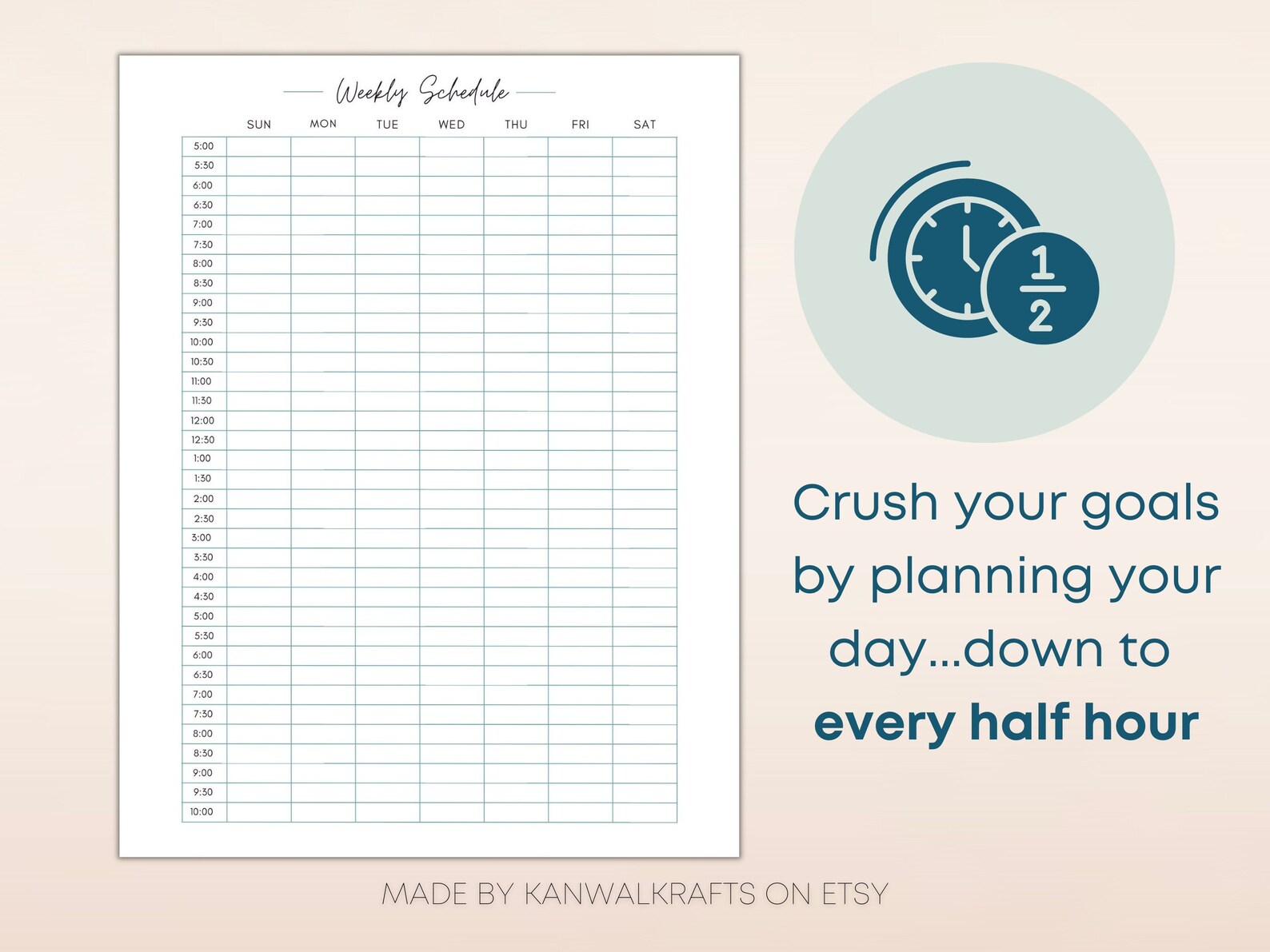 Half Hour Planner, Printable Weekly Schedule, Time Blocking, 30 Minute ...