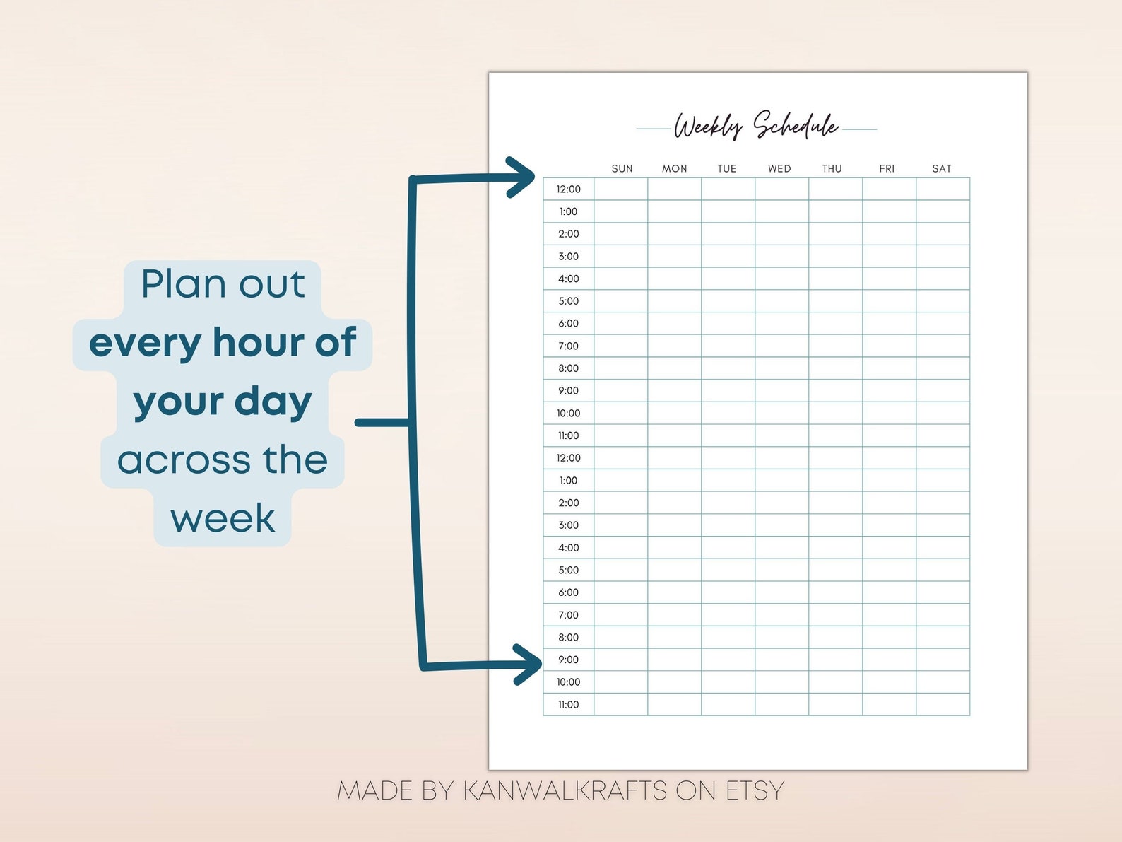 24 Hour Weekly Schedule, Printable Planner With Time Blocking, A5/a4 ...