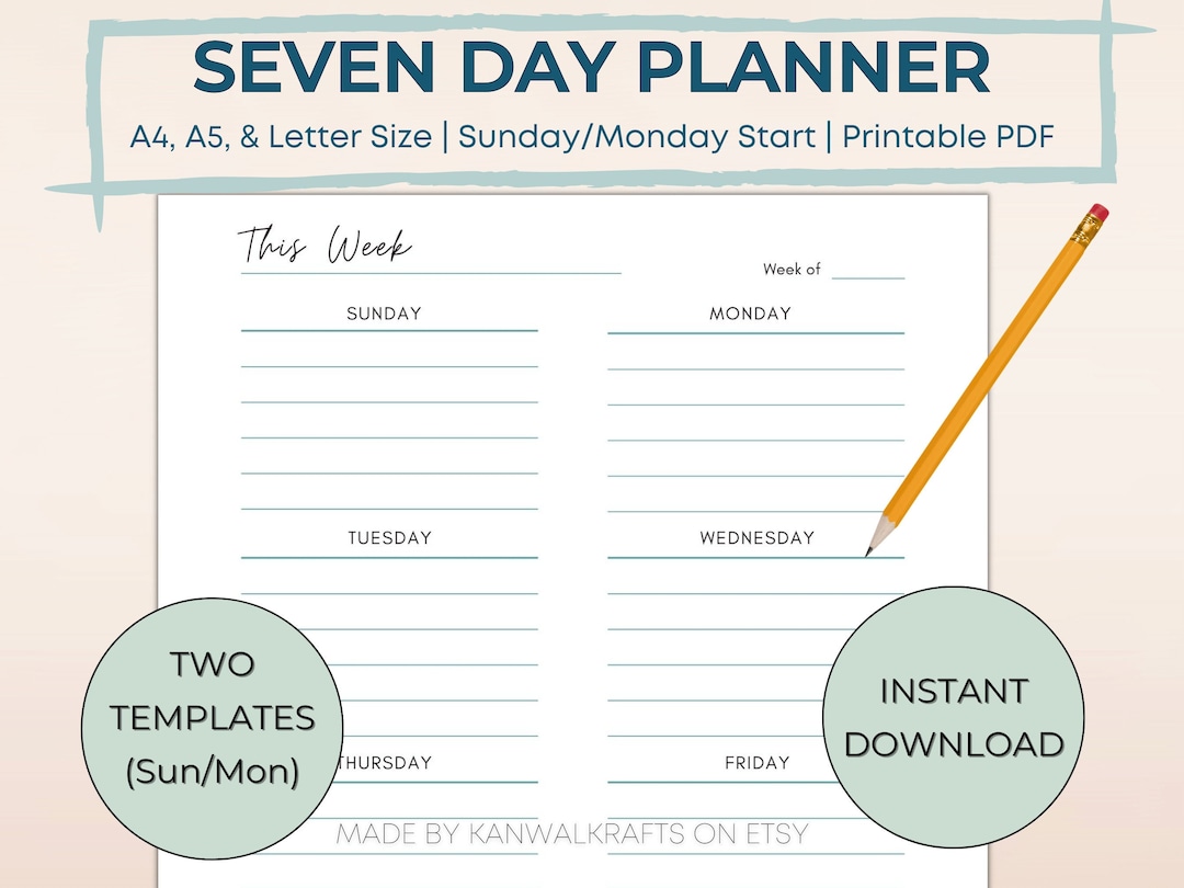 Weekly Planner Printable Template, 7 Day Planner, Daily Schedule, Week ...