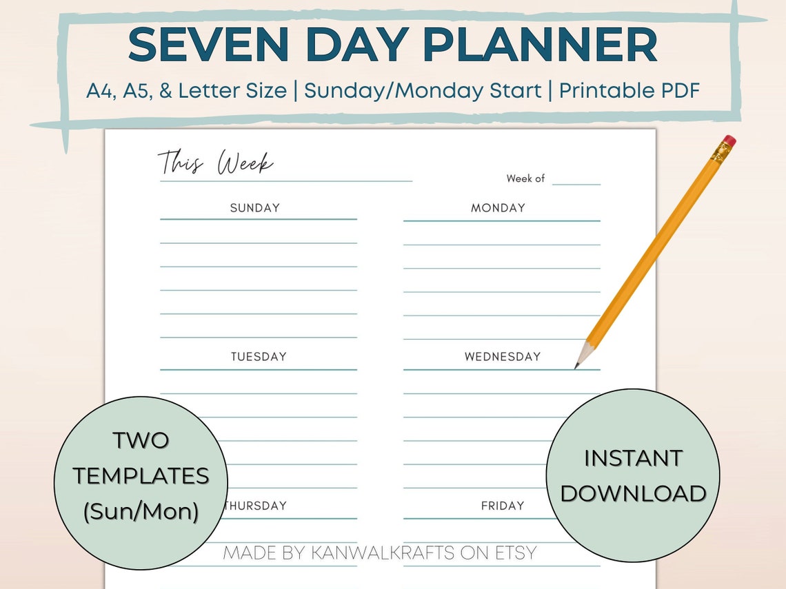 Weekly Planner Printable Template, 7 Day Planner, Daily Schedule, Week ...