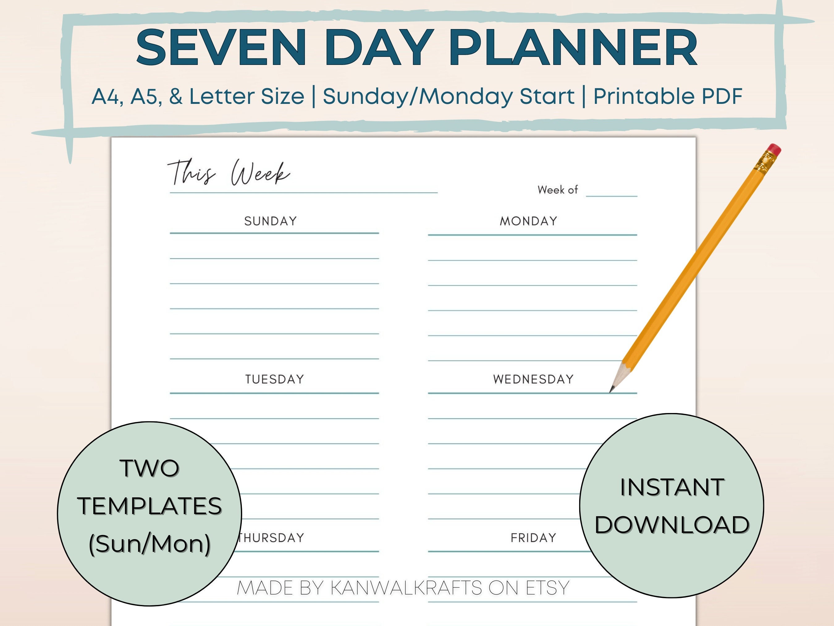 Weekly Planner Printable Template, 7 Day Planner, Daily Schedule, Week ...