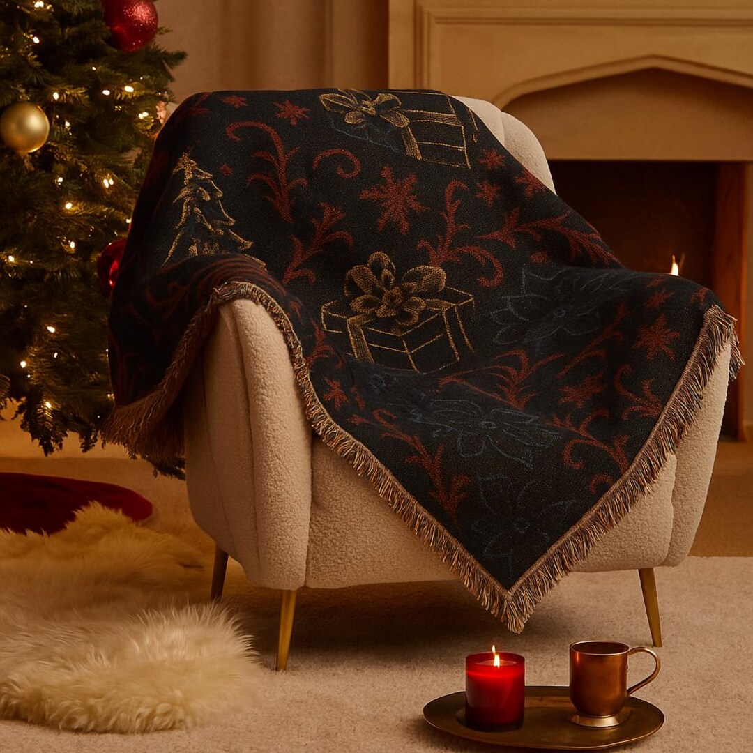 Dark Floral Damask Woven Throw Blanket | Vintage Gothmas Holiday Scroll ...