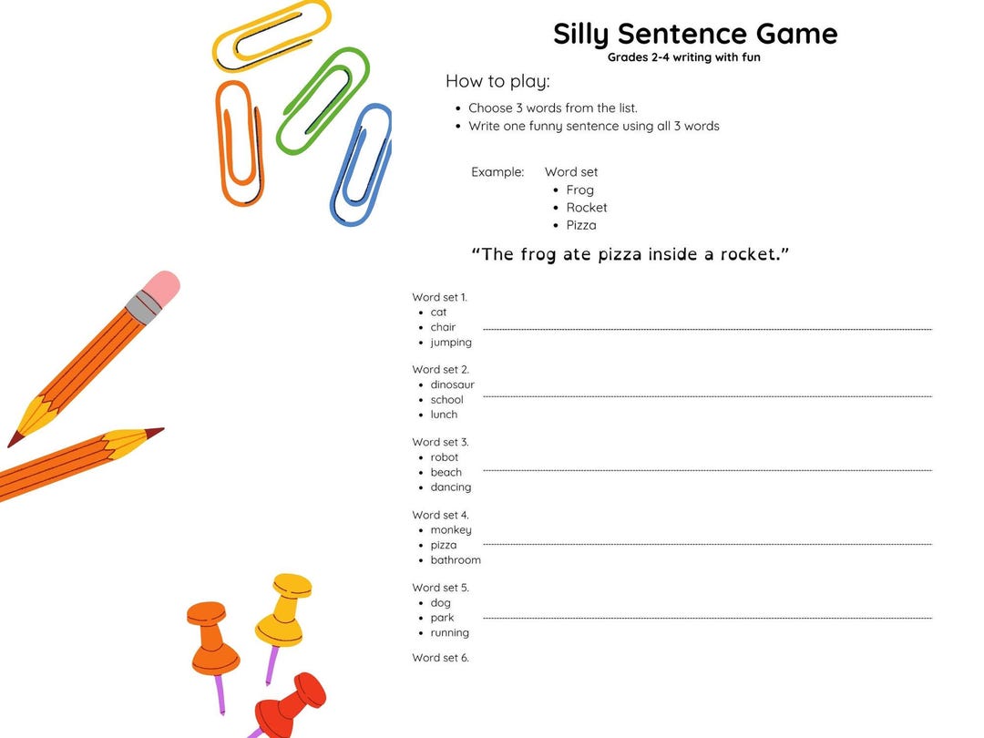 Silly Sentence Game for Kids | Grades 2–4 Writing Activity | Printable ...