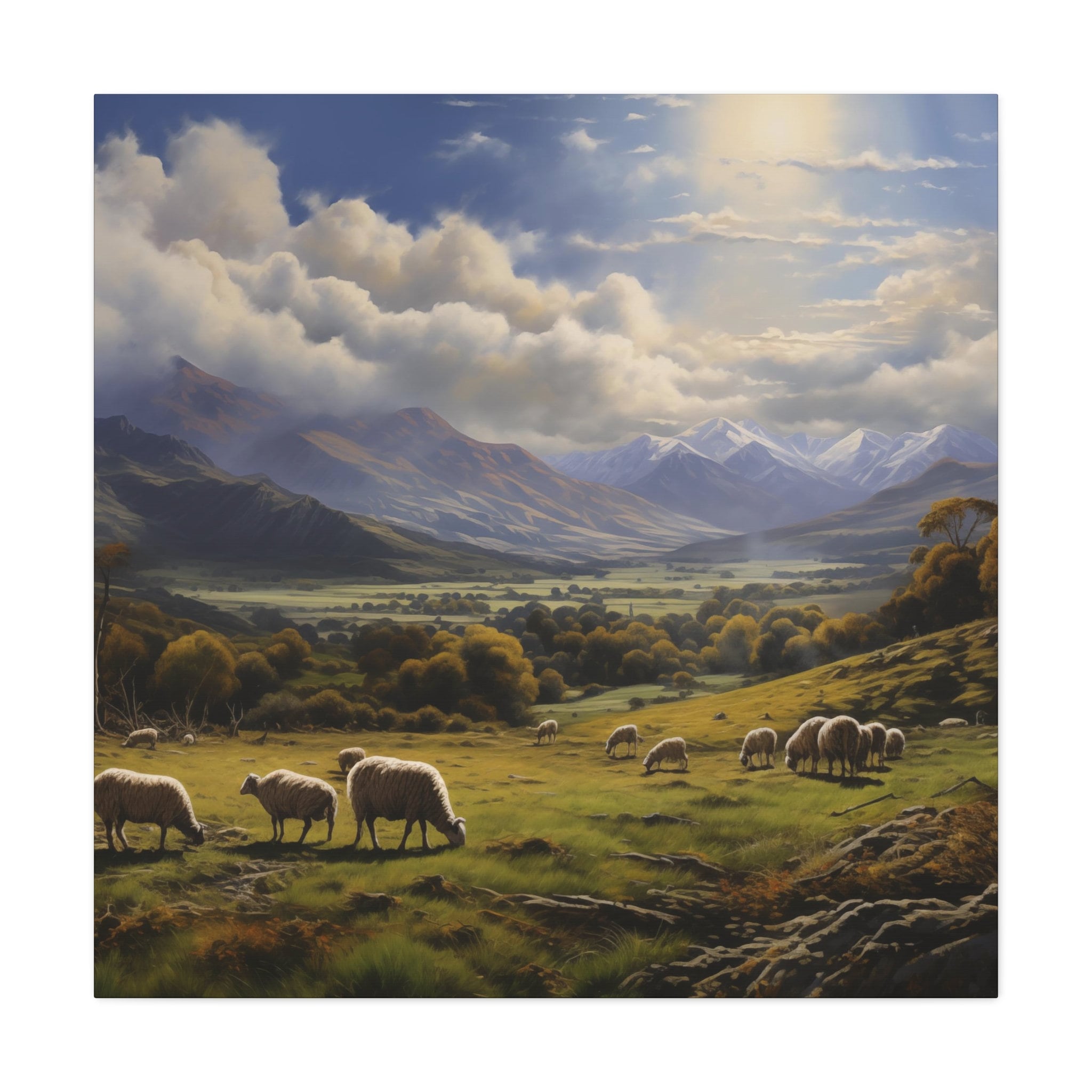 Sheep Painting - Painting of Country Mountains With Sheep Grazing ...