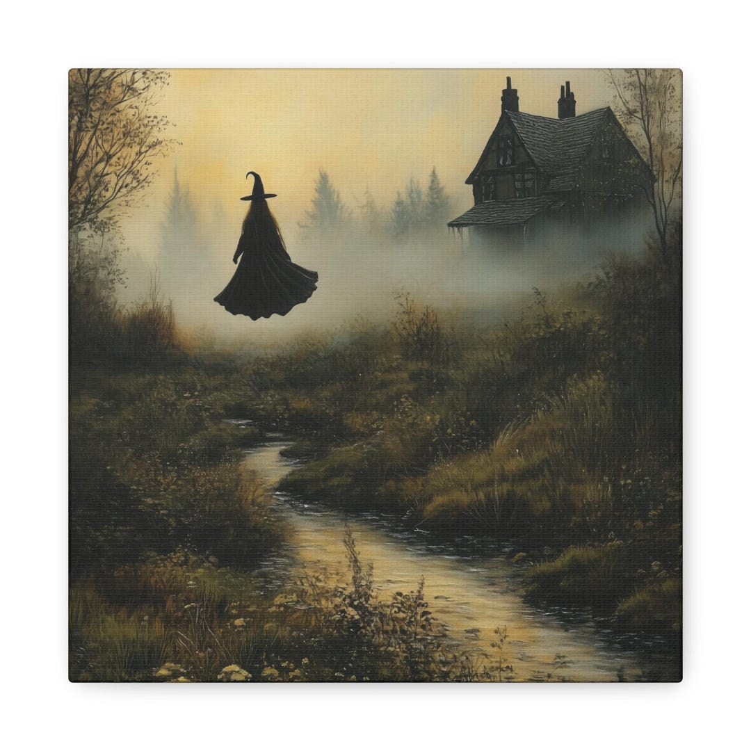 Floating Witch in Foggy Gothic Landscape: Spooky Halloween Art With ...