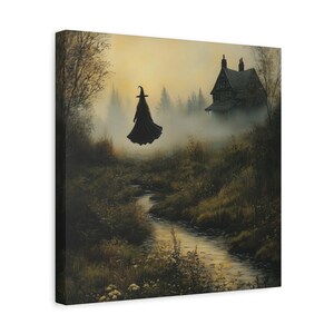 Floating Witch in Foggy Gothic Landscape: Spooky Halloween Art With ...