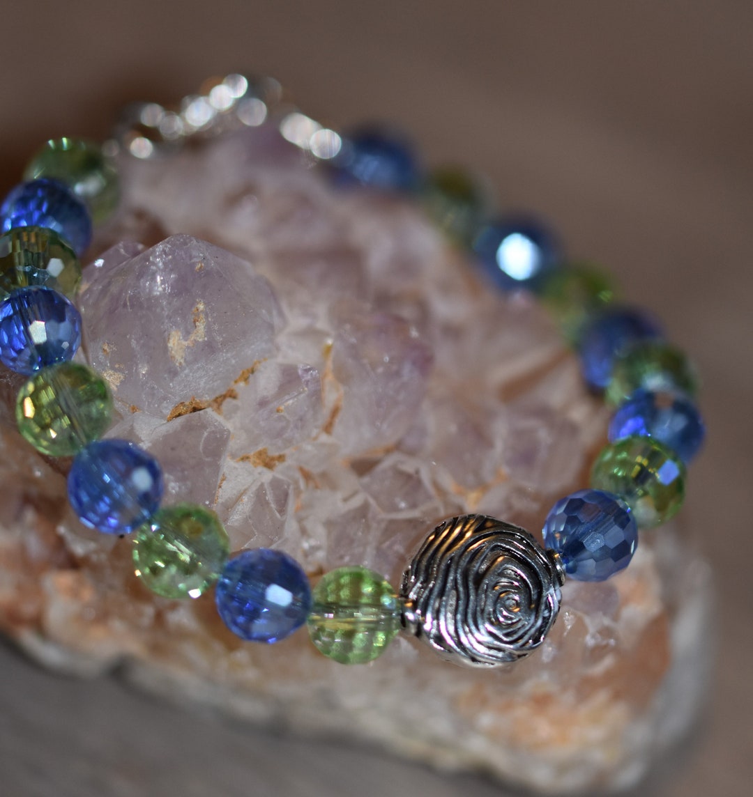 Women's Silver Swirl, Disco Ball Cut Crystal Beads, Blue Green Beaded ...