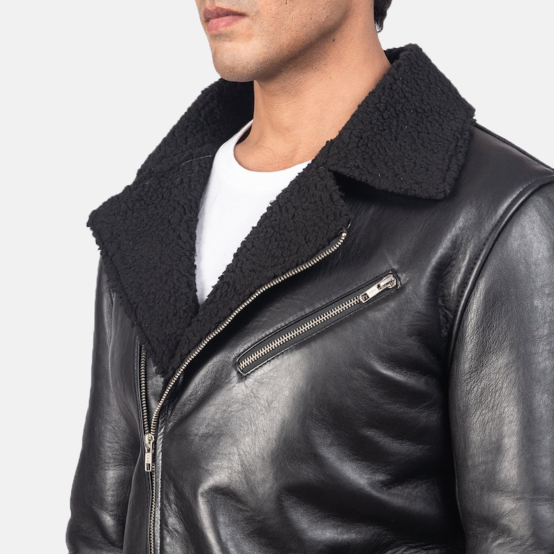 Men's Shearling Black Leather Jacket, Fur Collar Leather, Men Black ...