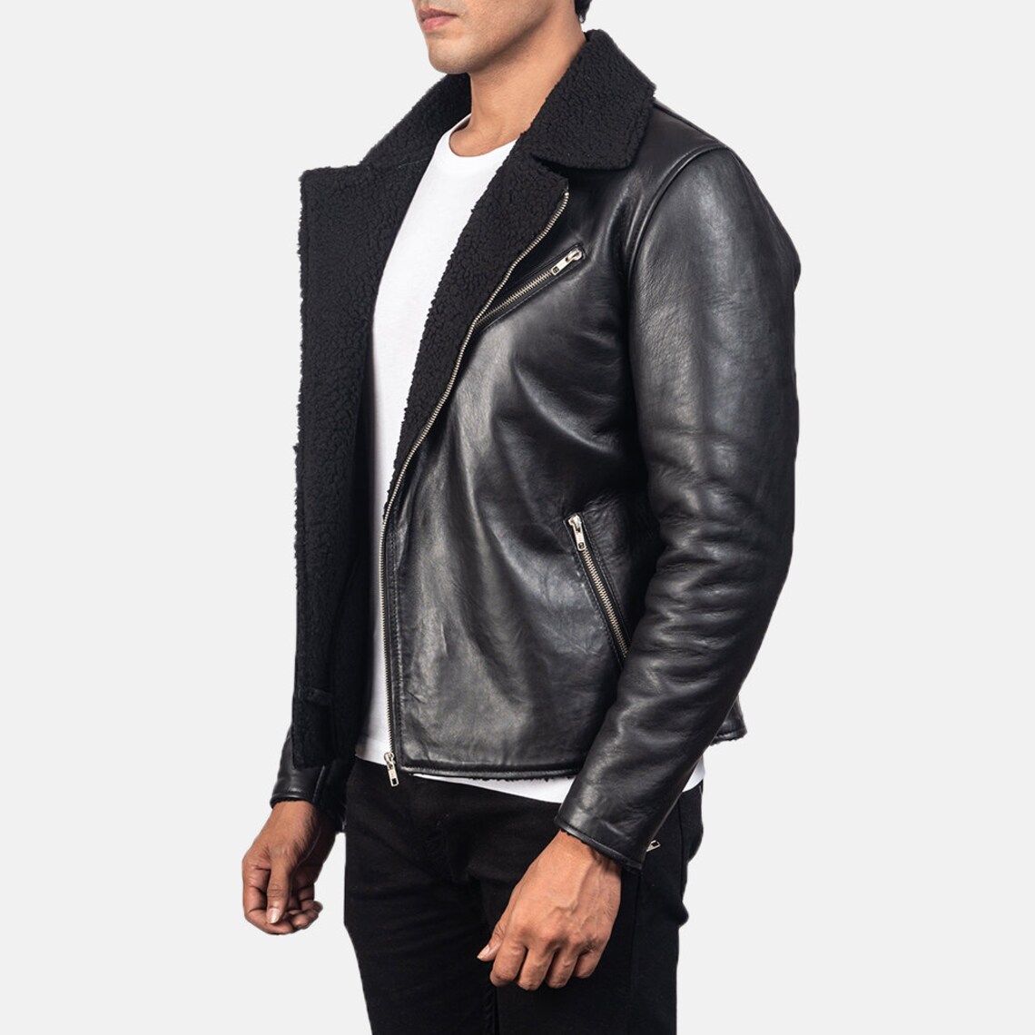 Men's Shearling Black Leather Jacket, Fur Collar Leather, Men Black ...