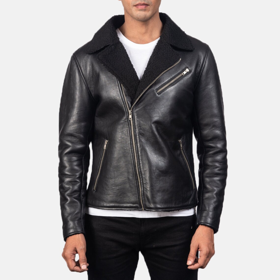 Men's Shearling Black Leather Jacket, Fur Collar Leather, Men Black ...
