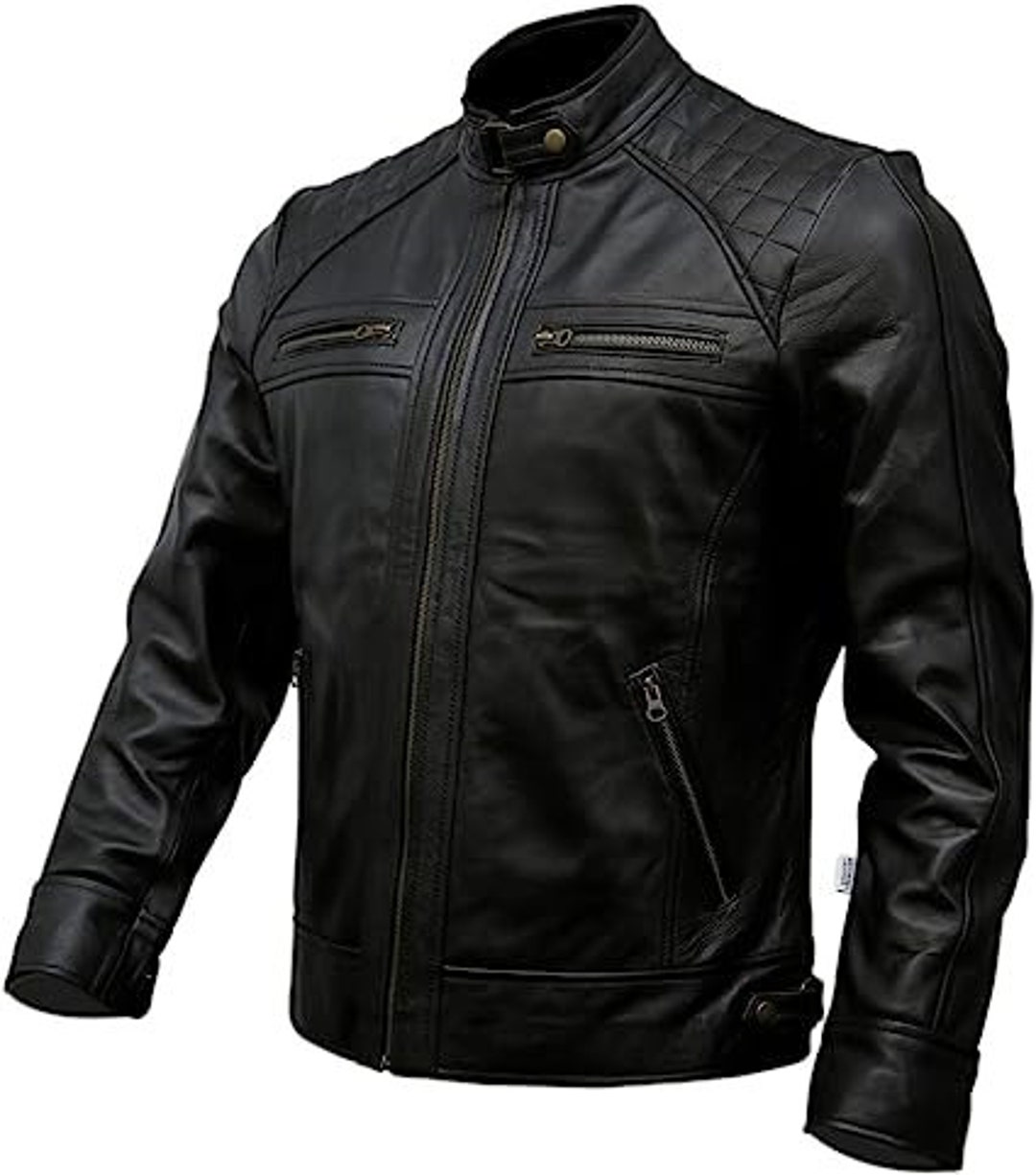 Mens Genuine Leather Biker Jacket Black Lambskin Motorcycle Jackets for ...