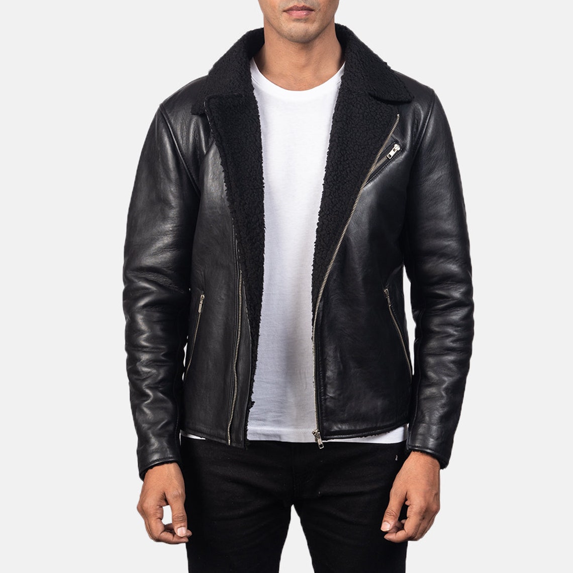 Men's Shearling Black Leather Jacket, Fur Collar Leather, Men Black ...
