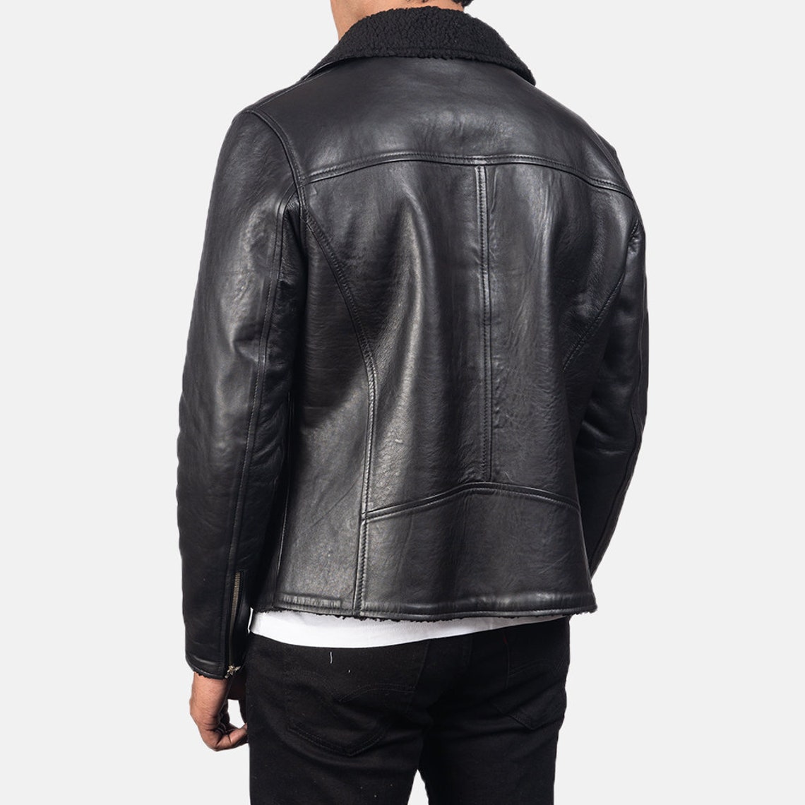 Men's Shearling Black Leather Jacket, Fur Collar Leather, Men Black ...