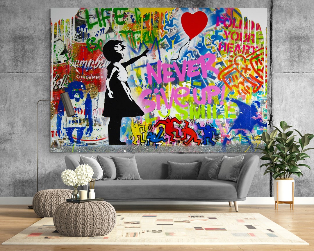 Girl With Balloon Canvas, Never Give up Wall Decor, Urban Graffiti ...