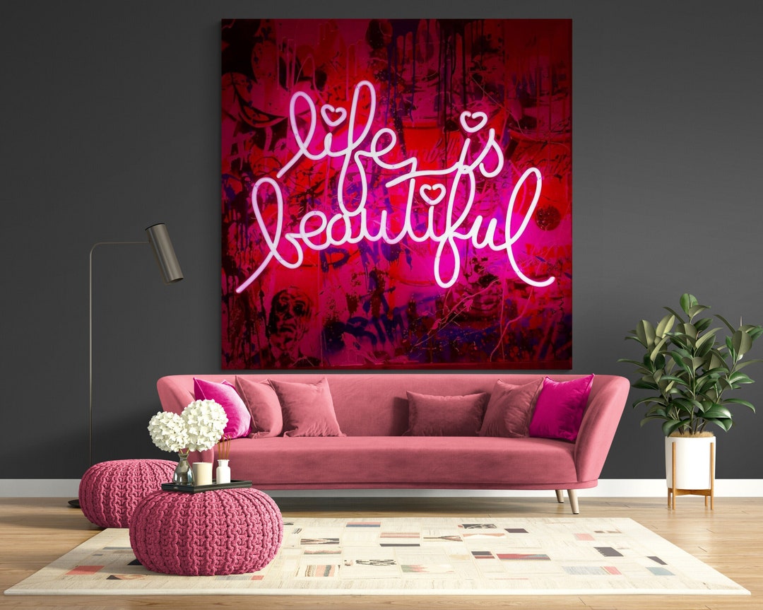 Life is Beautiful Pink Neon Light Canvas Print Wall Art Decor Modern ...