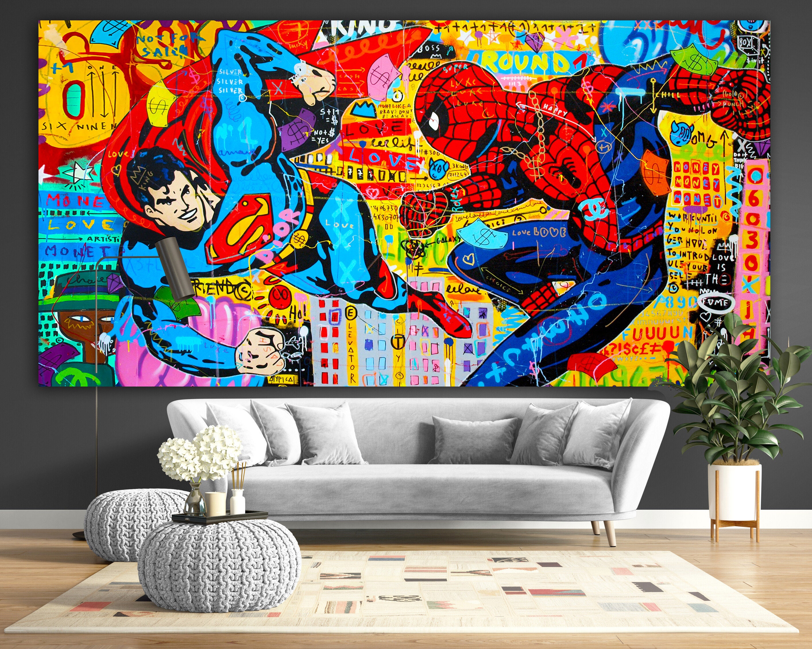 Superhero Large Graffiti Mural Style Wall Art Urban Painting on Canvas ...