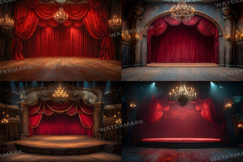 Velvet Theater Backdrops – Red Curtain Stage, 30 Pngs (digital ...