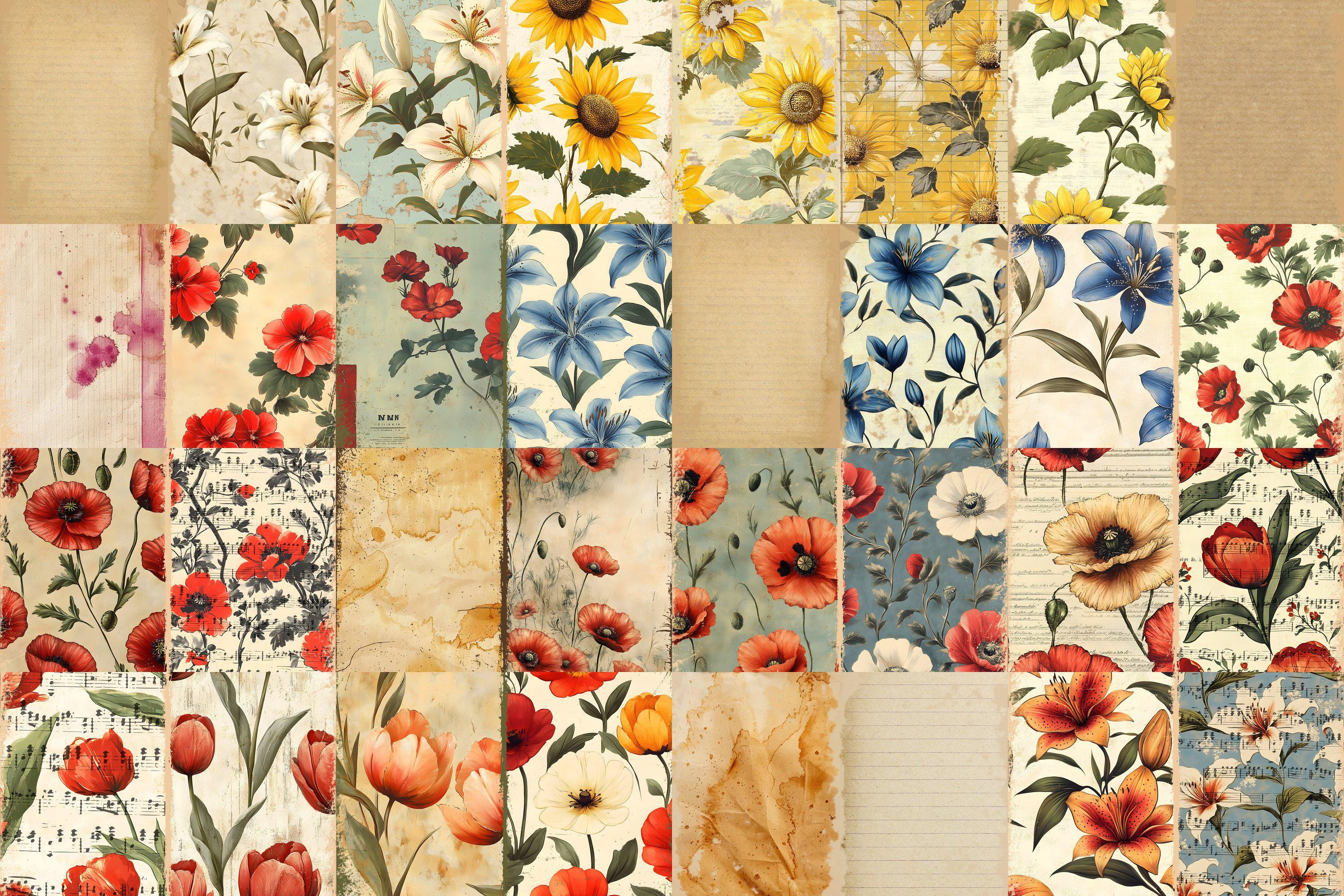 Vintage Floral Junk Journal Pages – Flower Illustrations (digital ...