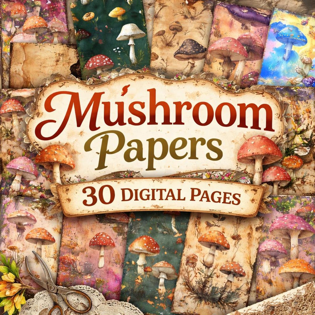 60 Mushroom Journal Papers | Vintage Botanical Fungi Backgrounds | Junk ...