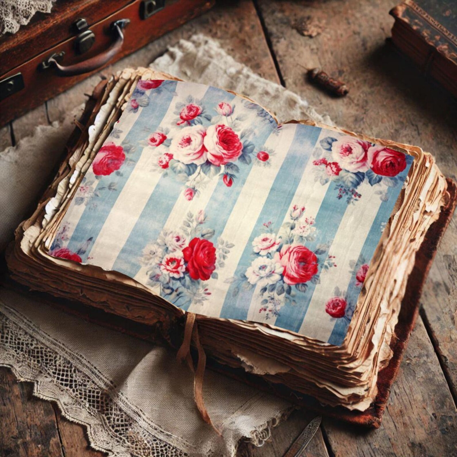 Blue Stripe Rose Shabby Papers - Vintage Junk Journal Printables for ...
