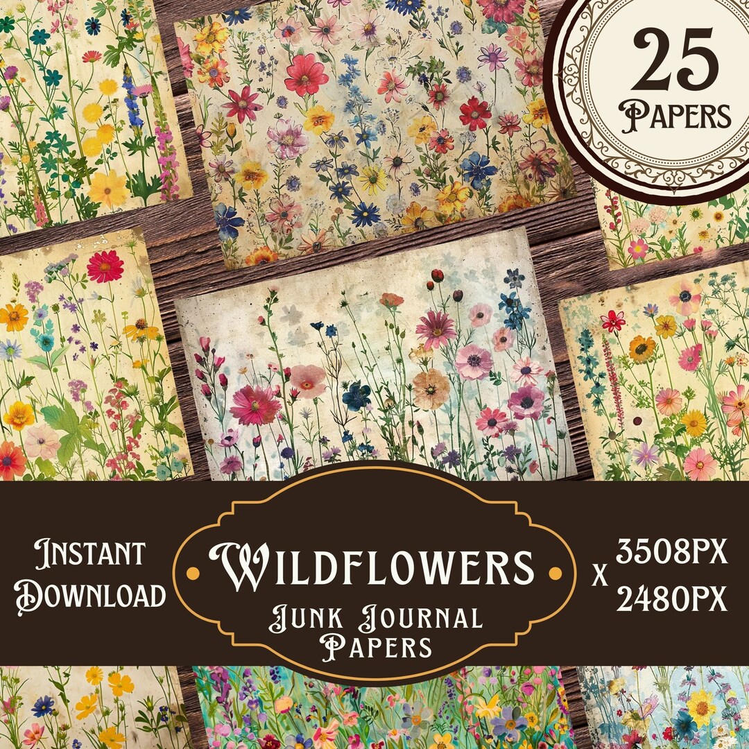 Wildflower Junk Journal Digital Papers - 25 Digital Floral Journal ...