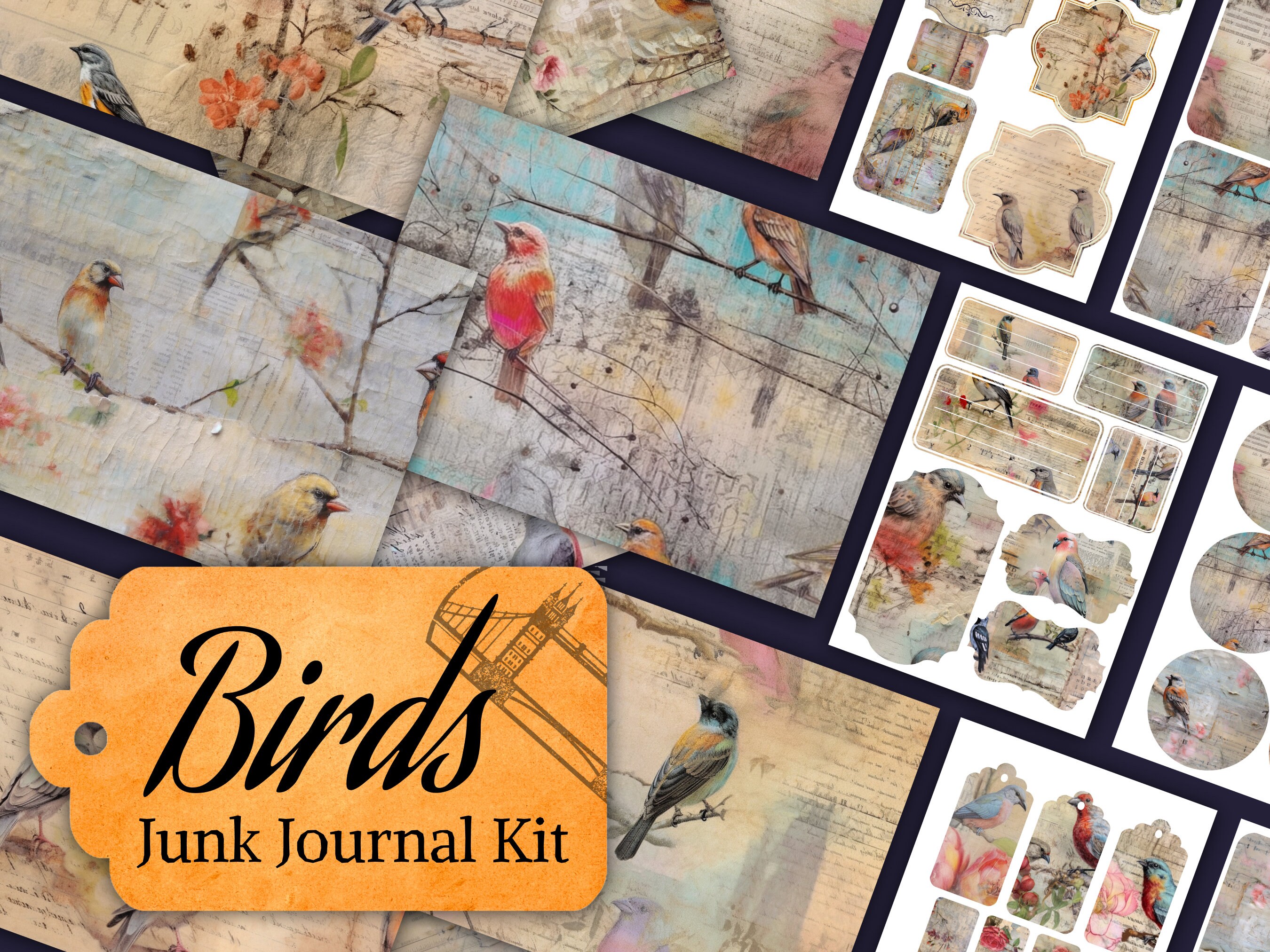 Birds Junk Journal Kit, 30 Double Bird Pages & 12 Bird Ephemera ...
