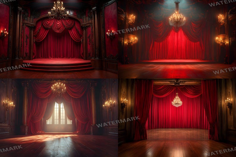 Velvet Theater Backdrops – Red Curtain Stage, 30 Pngs (digital ...