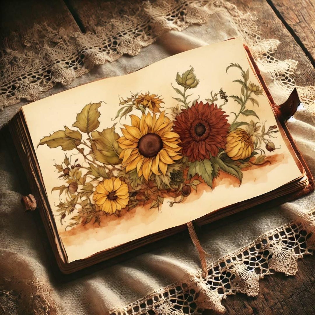 Golden Sunflower Vintage Journal Pages Printable Floral Backgrounds for ...