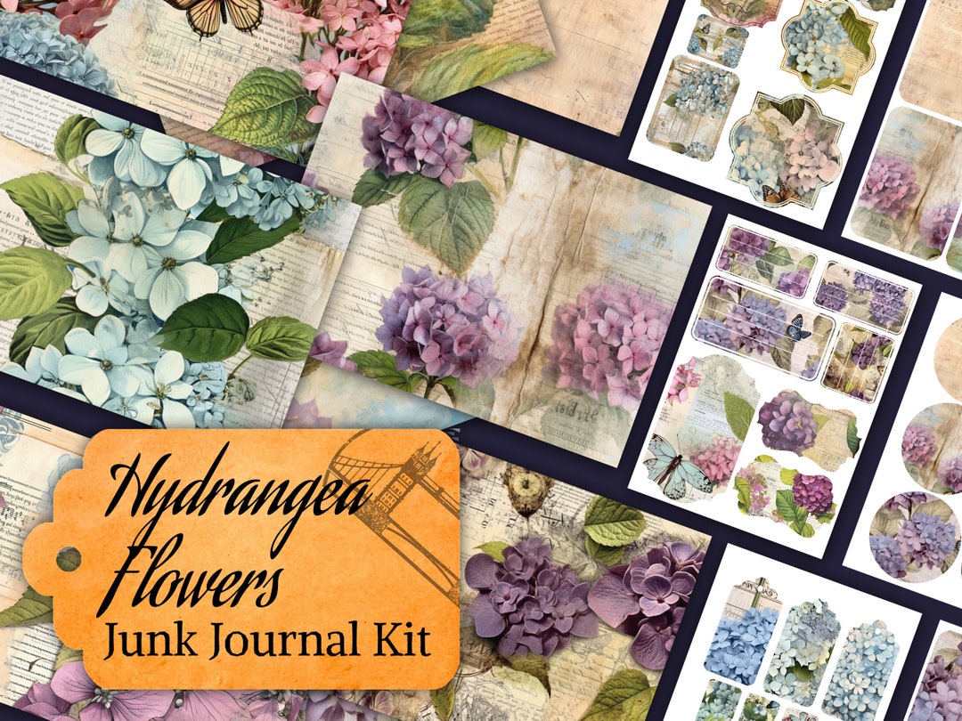 Hydrangea Flower Junk Journal Kit, Vintage Hydrangea Flower Journal Pages, Hydrangea Printable ...