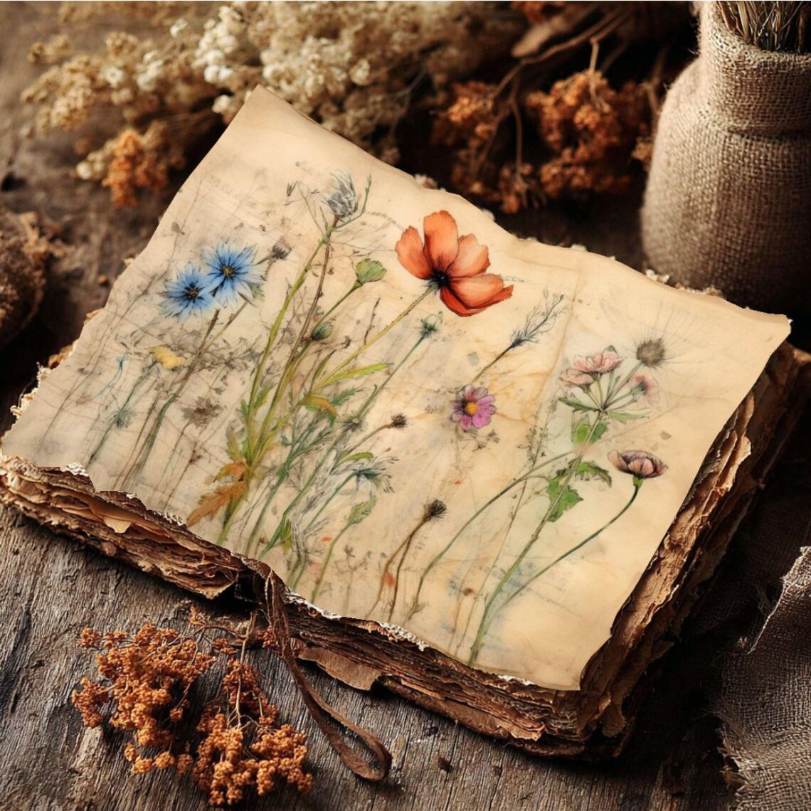 Wildflower Watercolor Junk Journal Pages – Botanical Scrapbook Kit ...