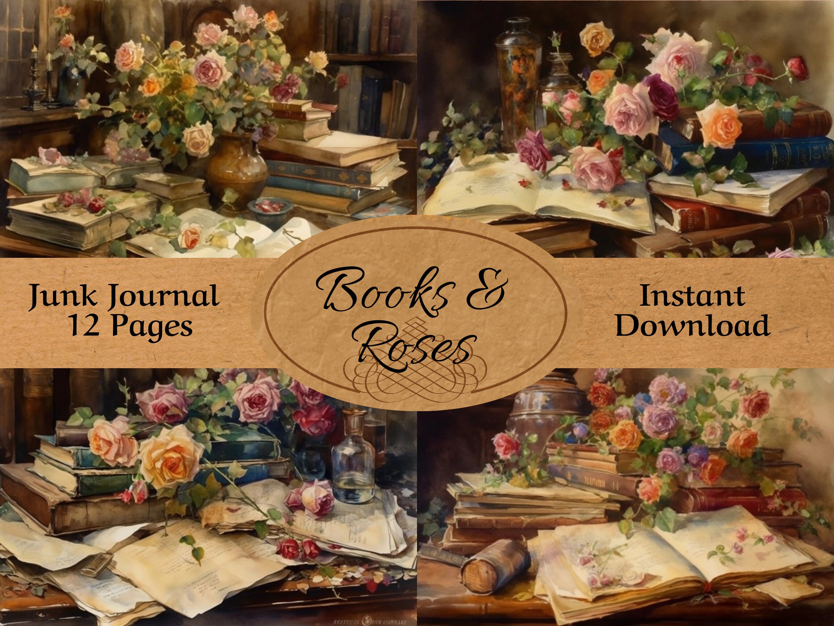 Roses & Books Junk Journal Pages Digital Download Book and Reading ...