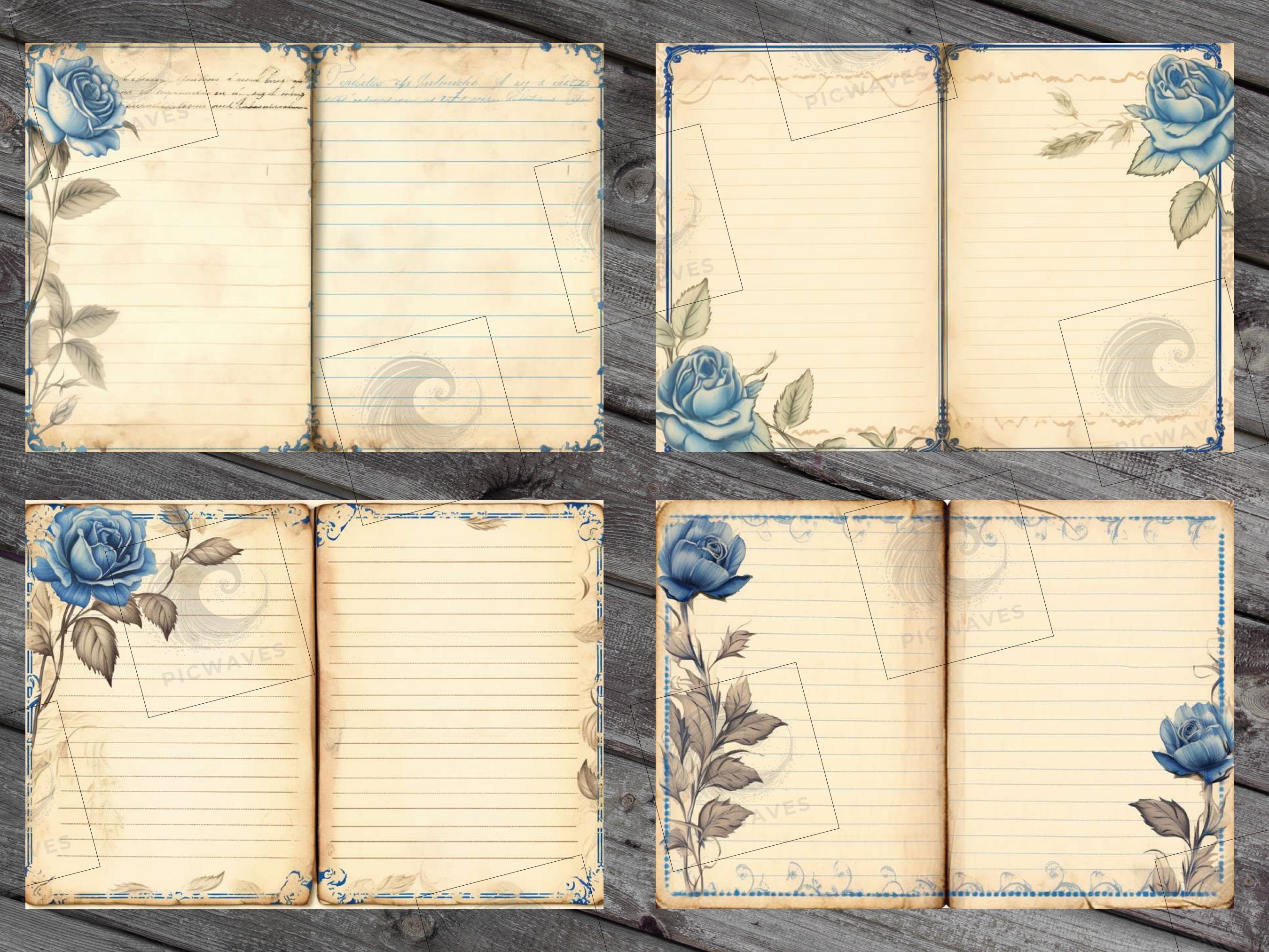 Blue Rose Blank Lined Journal Pages Rose Junk Journal Pages Digital ...