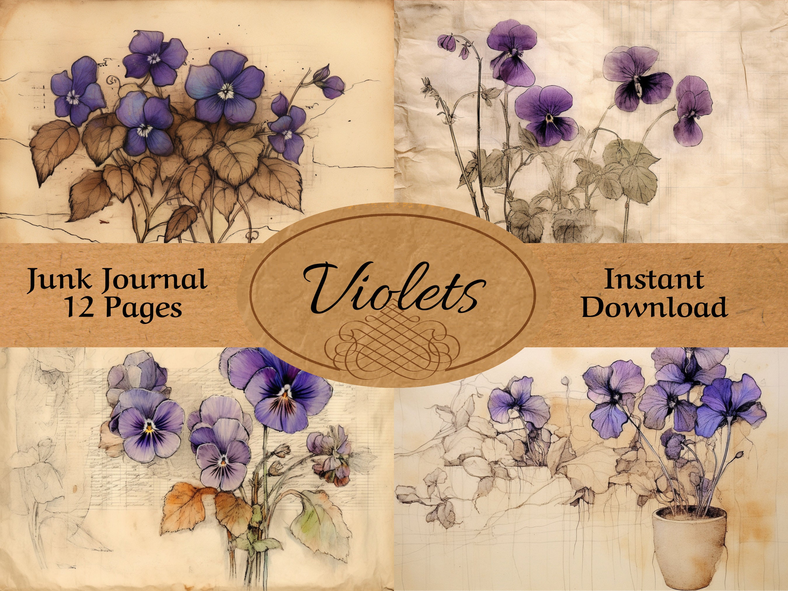 Violet Junk Journal Pages 12 Violet Double Daisy Pages Digital Download ...